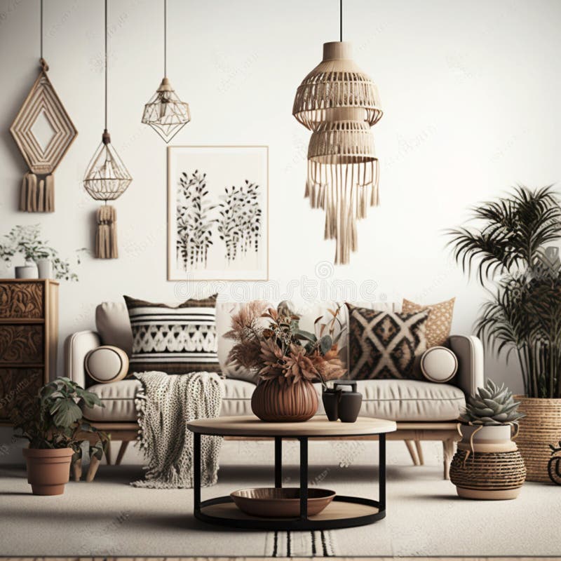 Scandi Boho Living Room Interior Wall Mockup 3d Render Ai Generative ...