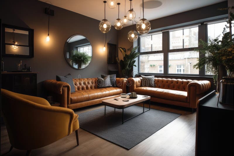 Scandi Room, with Sleek Leather Sofas and Contemporary Lighting Stock ...