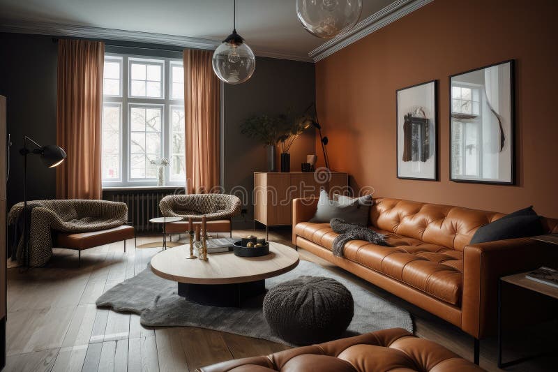 Scandi Room, with Sleek Leather Sofas and Contemporary Lighting Stock ...
