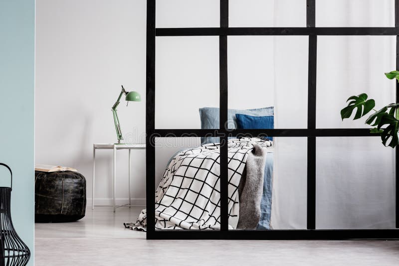 Scandinavian Bedroom Interior with Comfortable Bed and Mullions Wall ...