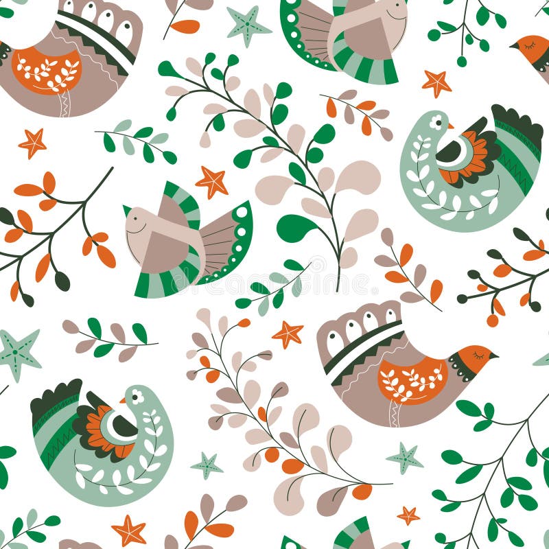 Scandinavian Birds and Foliage Pattern Stock Illustration ...