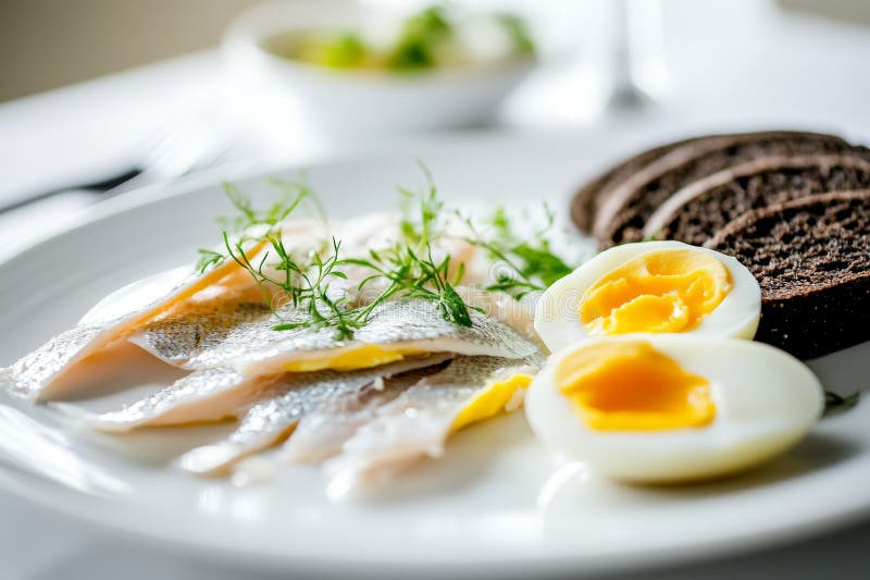 Scandinavian Breakfast with Boiled Eggs, Sliced Fish, and Rye Bread on ...