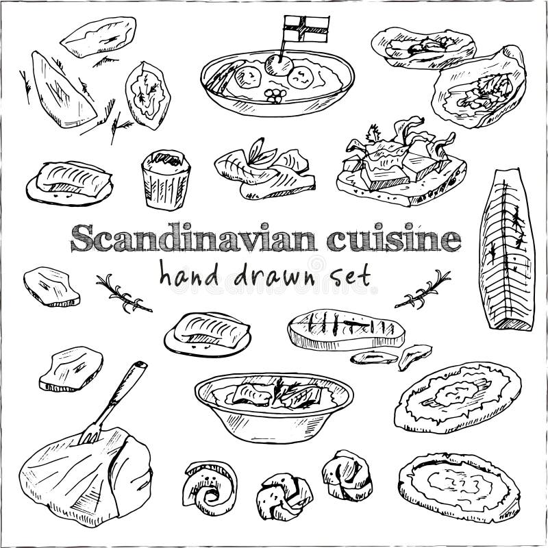 Scandinavian Cuisine Menu Doodle Icons Vector Illustration on ...