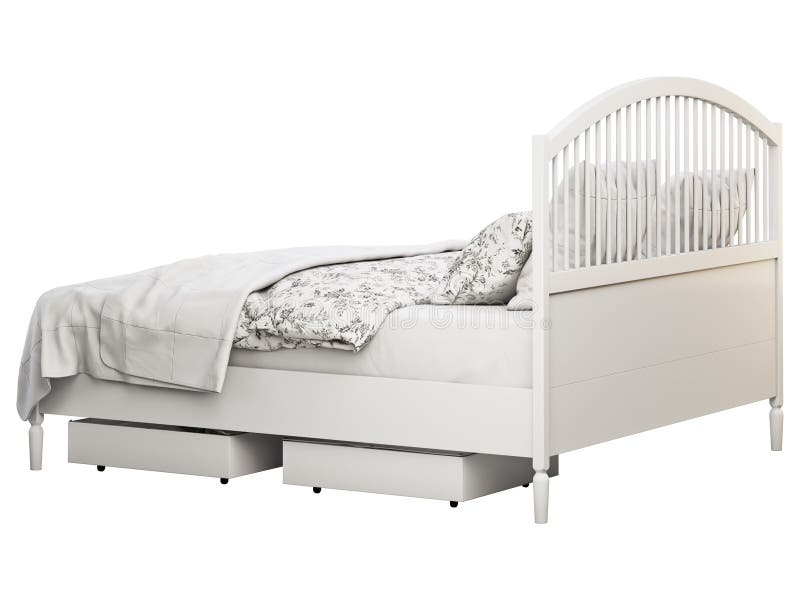 Scandinavian Double Bed with Pattern Linen and Storage Boxes. 3d Render ...