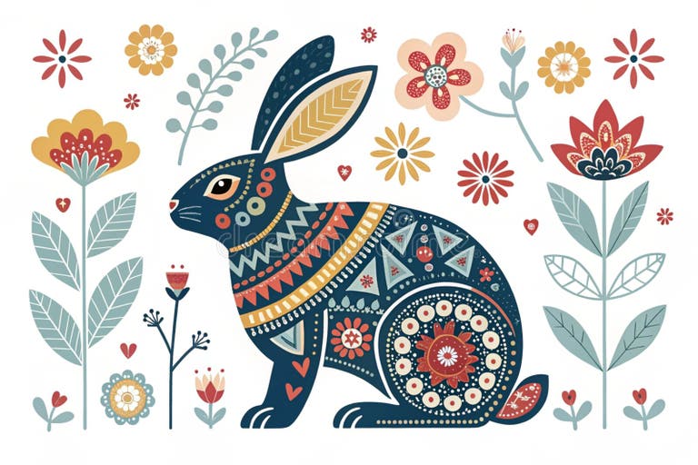 Scandinavian Folk Pattern Rabbit - Generated by Ai Stock Illustration ...