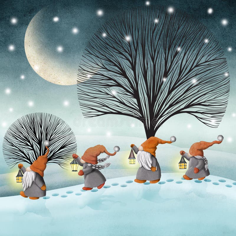 Scandinavian Gnomes Walking On Snow Hills With Vintage Lanterns Fantasy