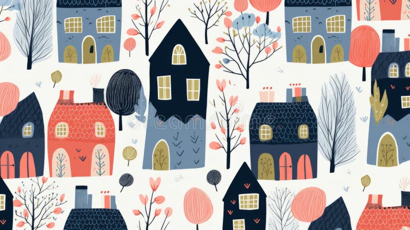 Scandinavian House Seamless Pattern with Tree and Flower. Hand Drawn ...
