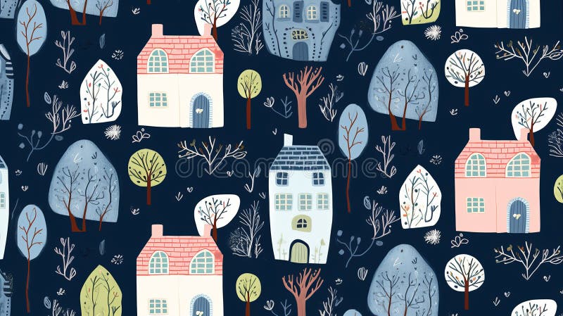 Scandinavian House Seamless Pattern with Tree and Flower. Hand Drawn ...