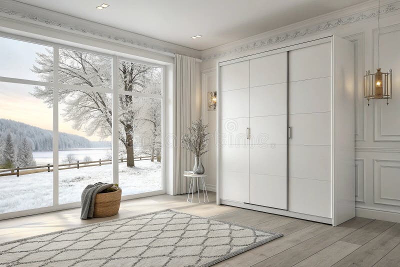 White Empty Room with Wardrobe and Large Window Stock Illustration ...