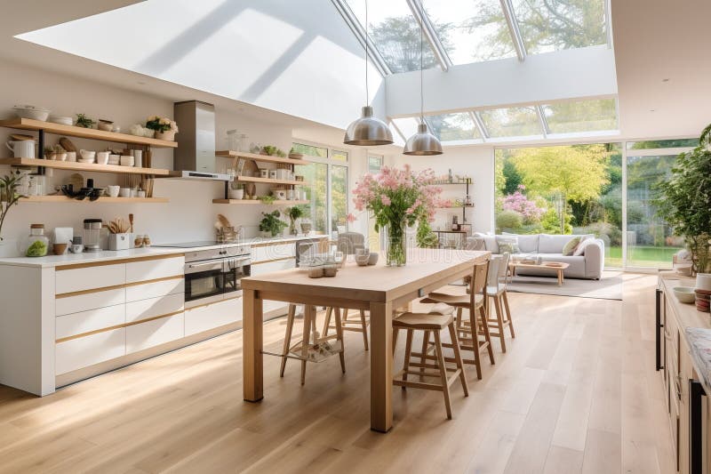 Scandinavian Kitchen Flooded with Natural Light through Large Windows ...