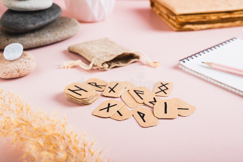 Scandinavian Runes, Notebook and Pencil for Writing on Pink Background ...