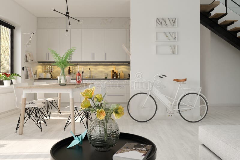 Scandinavian Style Interior Design 3D Rendering Stock Illustration ...