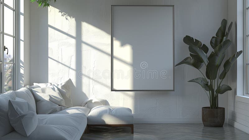 Scandinavian Style Living Room with Blank Frame on White Wall Stock ...