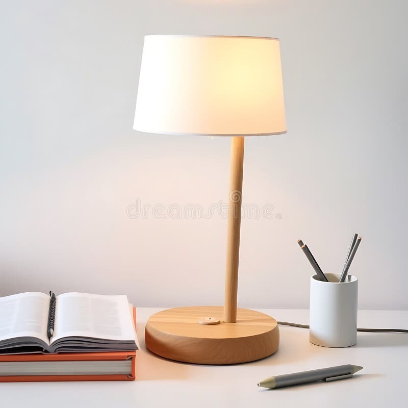 A Scandinavian Style Table Lamp with a Light Wood Base and Simple White ...