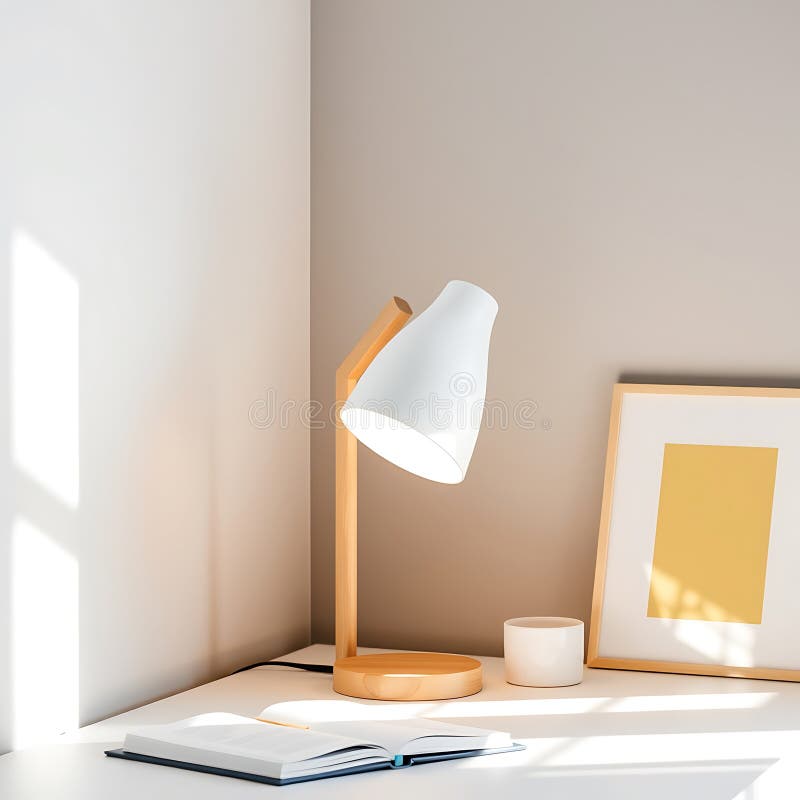 A Scandinavian Style Table Lamp with a Light Wood Base and Simple White ...