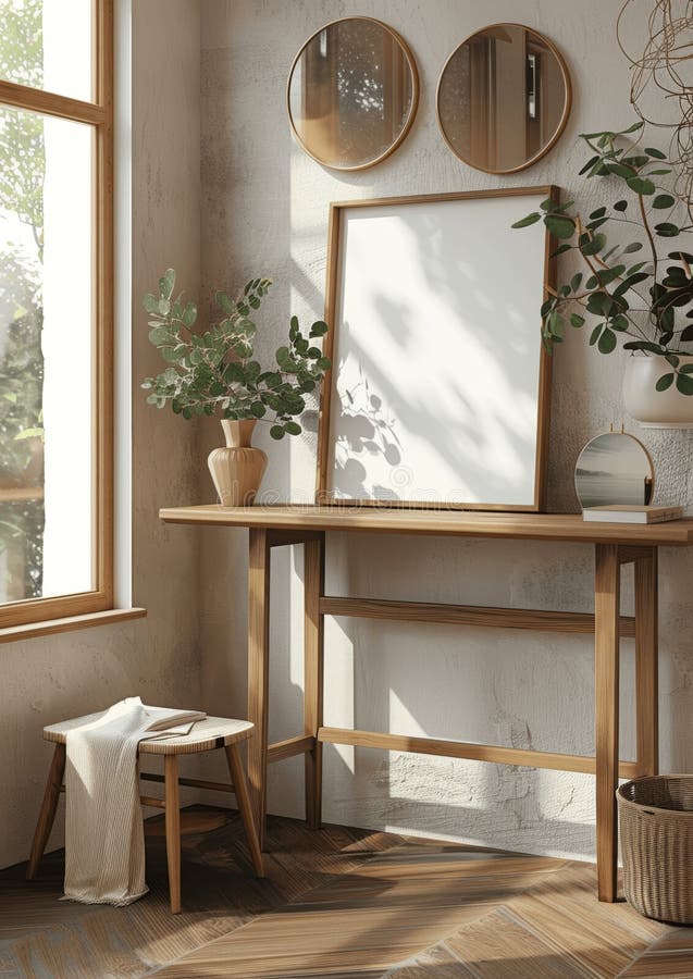 Scandinavian Wood Console Table with Blank Poster Frame in Cozy Living ...