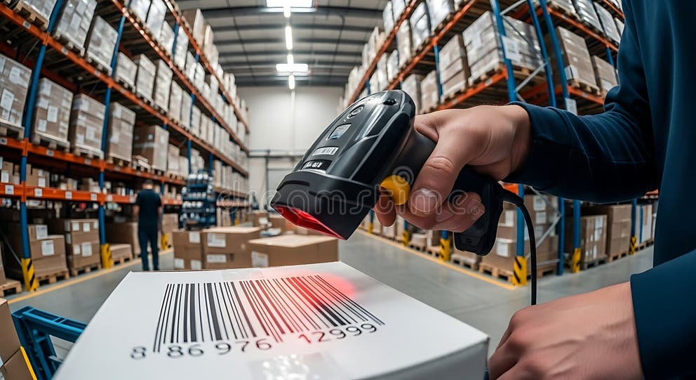 Scanning Barcode on Box in Warehouse with Handheld Scanner Stock ...