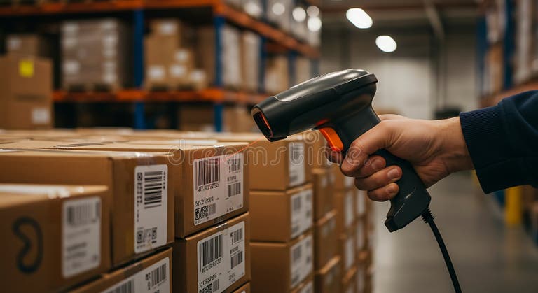 Scanning Barcode on Cardboard Box with Handheld Reader in Warehouse ...