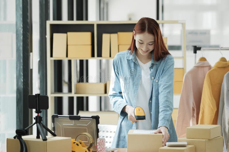 Scanning Barcode on Shipping Box with Scanner Stock Photo - Image of ...