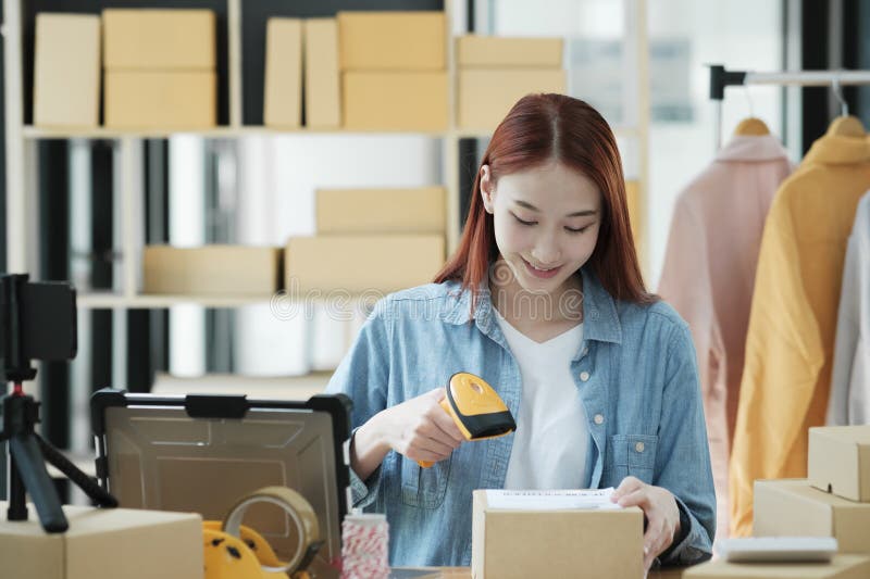 Scanning Barcode on Shipping Box with Scanner Stock Photo - Image of ...