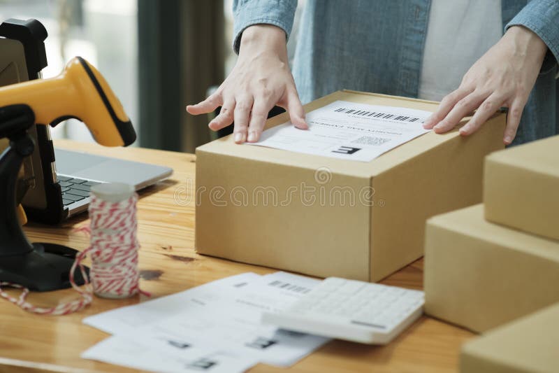 Scanning Barcode on Shipping Box with Scanner Stock Image - Image of ...