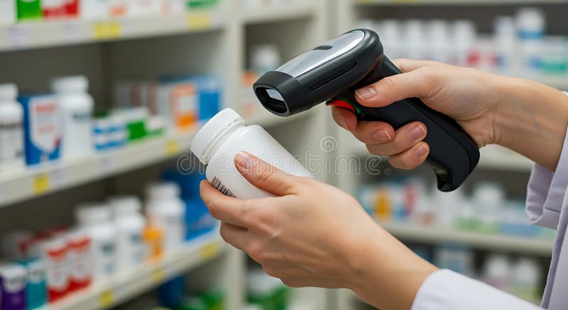 Scanning Medicine Bottle with Handheld Scanner in Pharmacy Stock Illustration - Illustration of ...