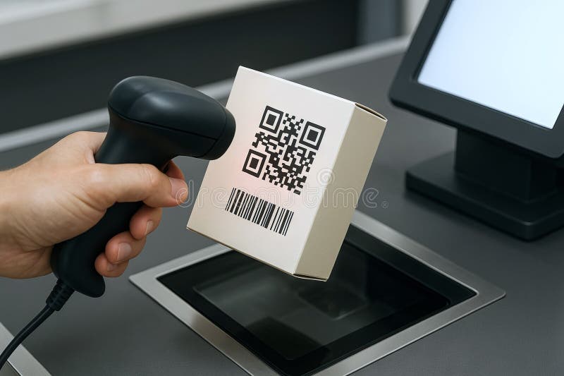 Scanning Qr Code on Box at Checkout Counter with Barcode Scanner in ...