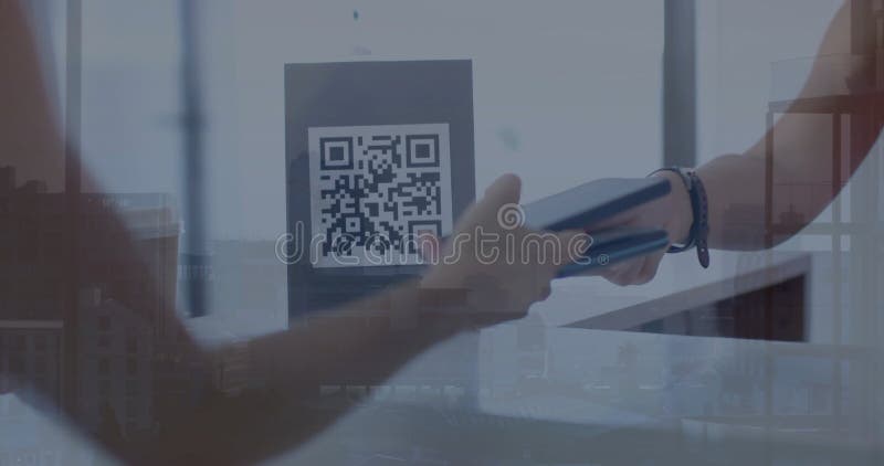 Scanning QR Code, Hands Exchanging Documents, Digital Transaction in ...