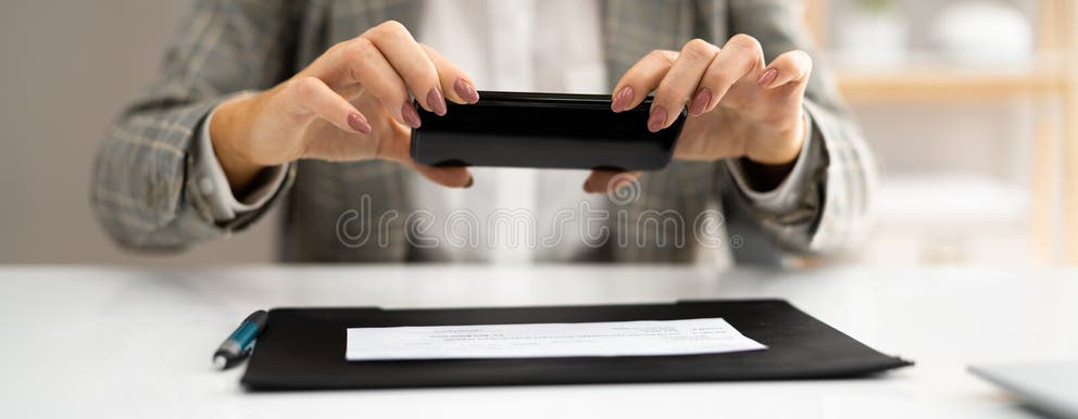 Scanning Remote Deposit Check Document Using Phone Stock Photo - Image ...