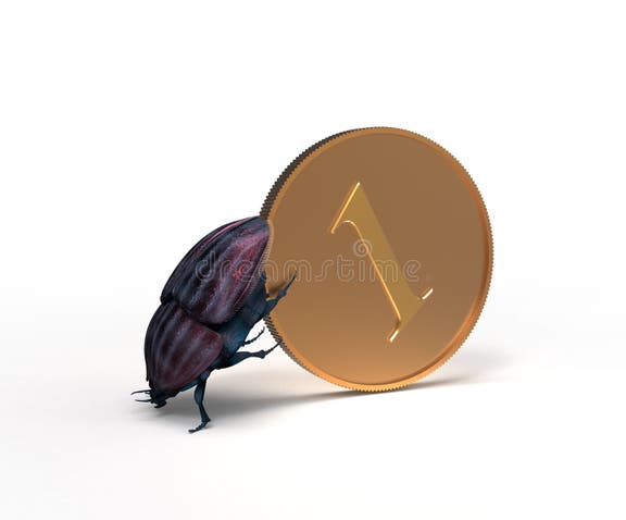 Scarab rolls a coin stock illustration. Illustration of beetle - 24596373