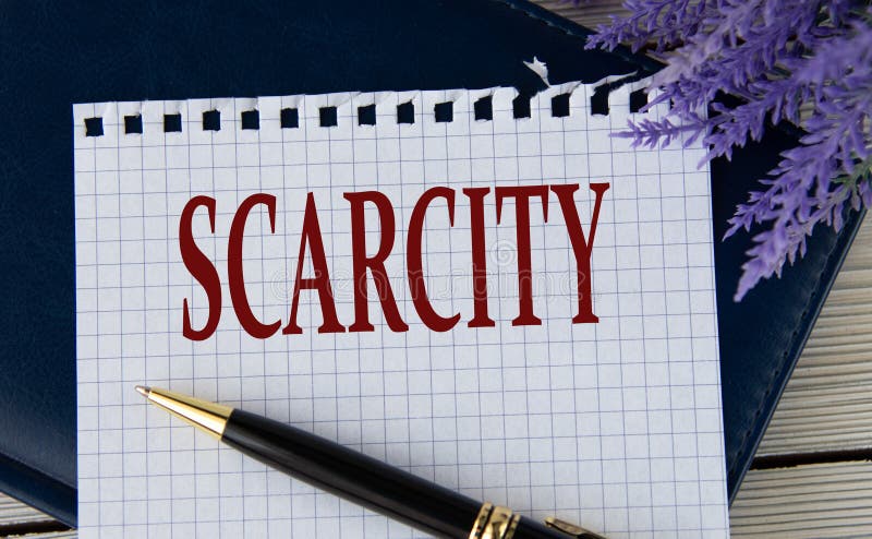 SCARCITY - Word on a White Sheet with a Black Notepad and Pen Stock ...