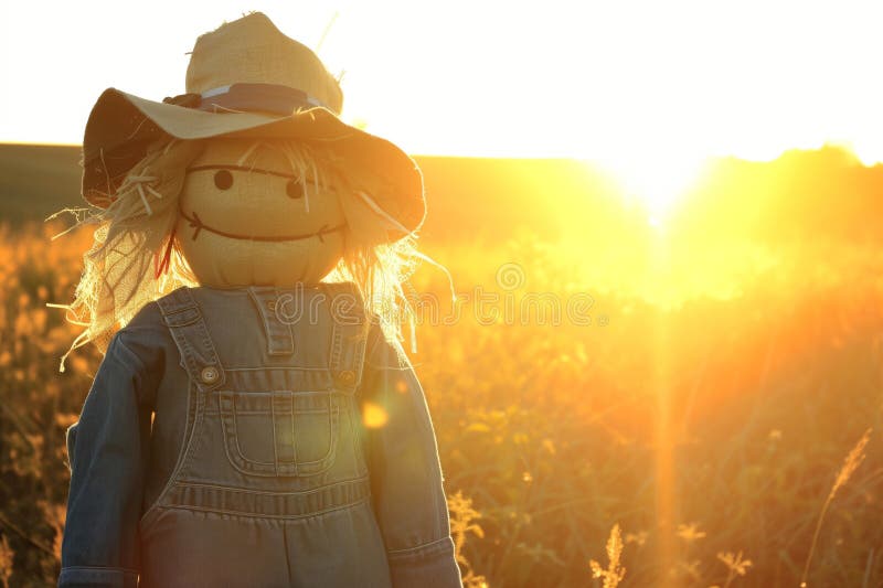 Scarecrow Dressed in Overalls, Backlight by Sunset in Field Stock Image ...