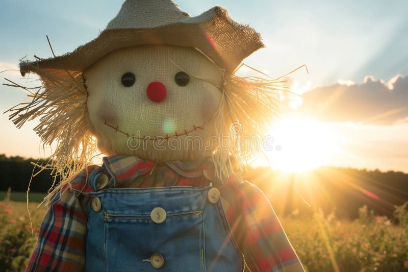 Scarecrow Dressed in Overalls, Backlight by Sunset in Field Stock Photo ...