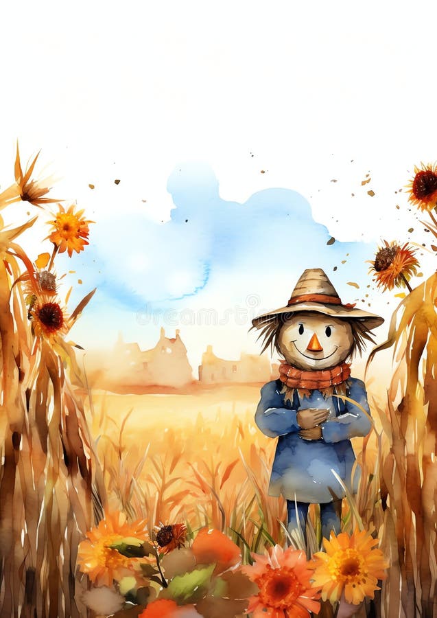 Scarecrow in a Field Watercolor Border Frame Stock Illustration ...