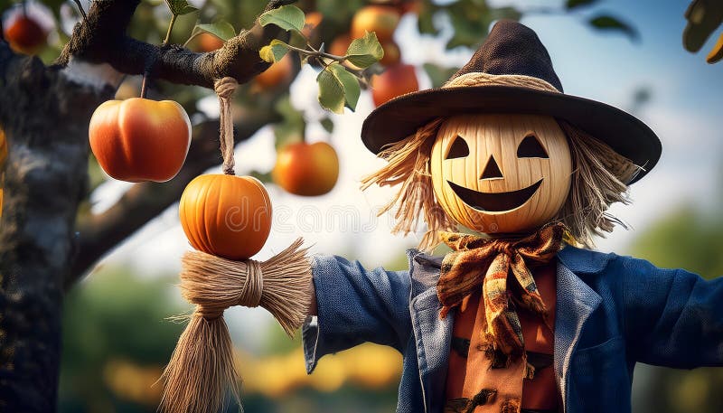 A Scarecrow with Halloween Decorations Hanging from a Tree Stock ...