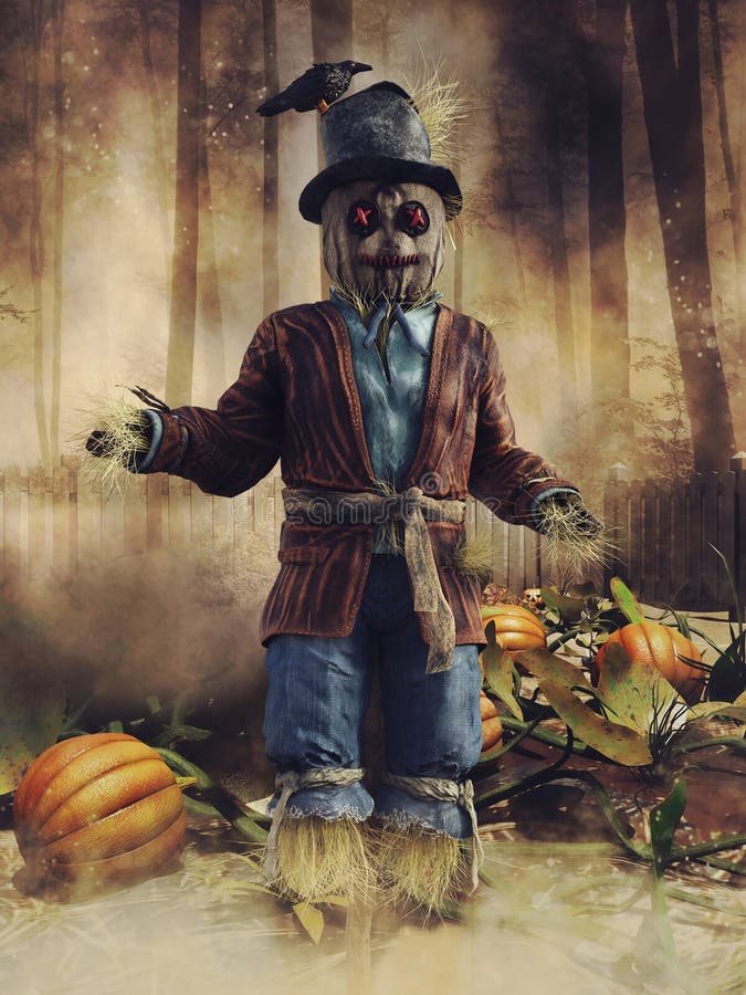 Scarecrow with a Raven on His Hat Stock Illustration - Illustration of ...