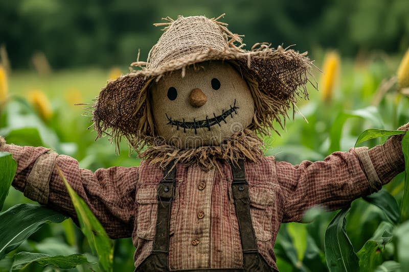 Scarecrow with a Red Scarf and a Straw Hat is Smiling. Stock Photo ...