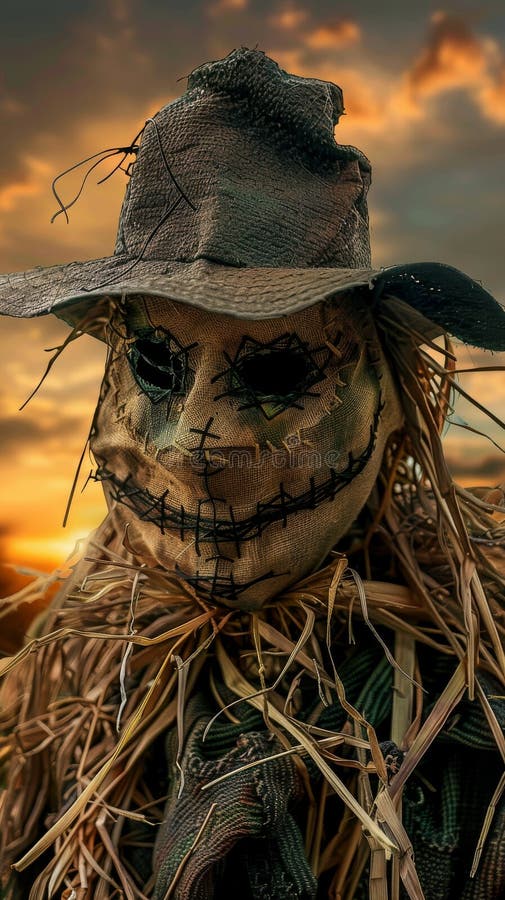 Scarecrow at Sunset with Rustic Hat and Straw Details, Eerie Autumn ...