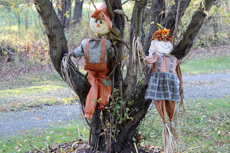 Scarecrows near a tree stock image. Image of scarecrows - 167474227