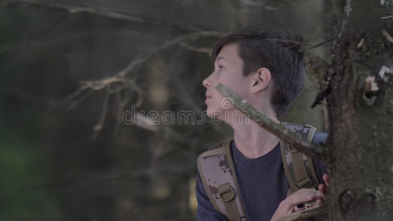 Scared Boy in Dark Forest Hiding Behind a Tree, Slow Motion, Outdoors ...
