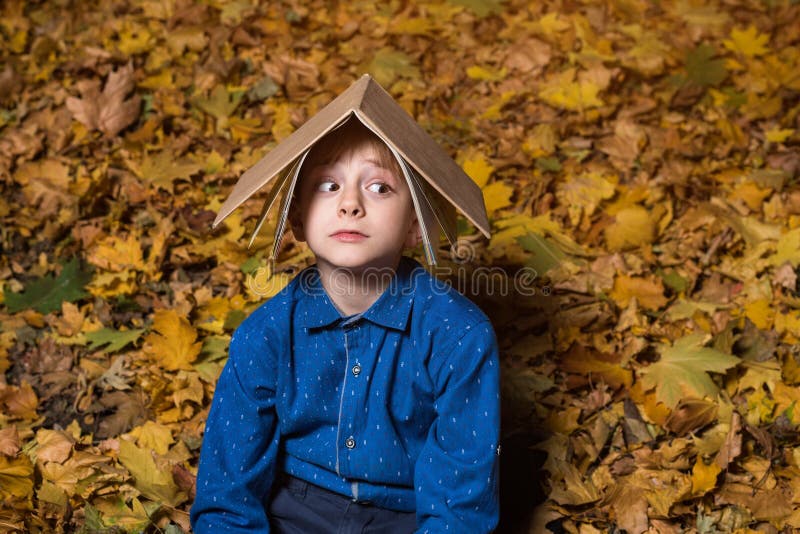Scared Boy Sitting on Fallen Leaves in Park and Holding Book Over His ...