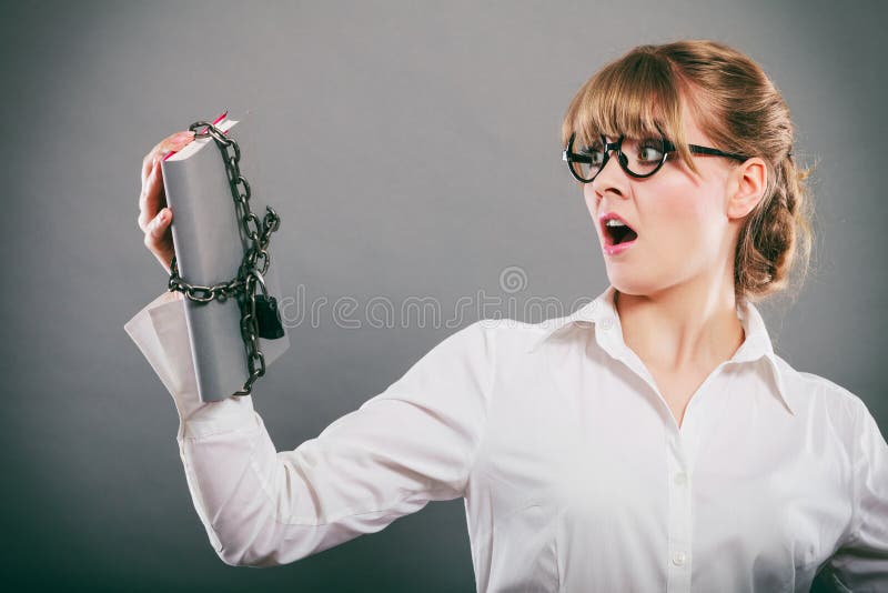 Scared Businesswoman with Chained Document File. Stock Photo - Image of ...