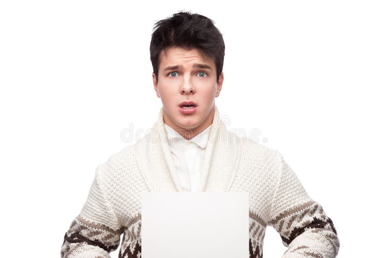 Scared Casual Winter Man Holding Sign Stock Image - Image of lifestyle ...