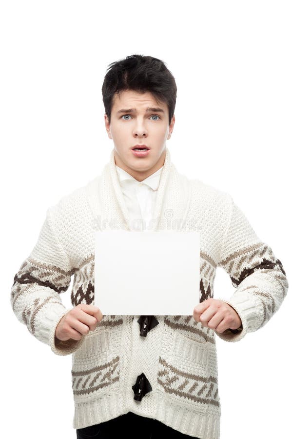 Scared Casual Winter Man Holding Sign Stock Image - Image of humor ...