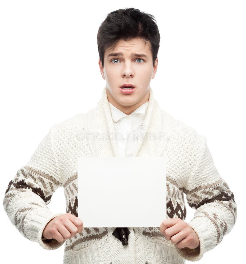 Scared Casual Winter Man Holding Sign Stock Image - Image of lifestyle ...