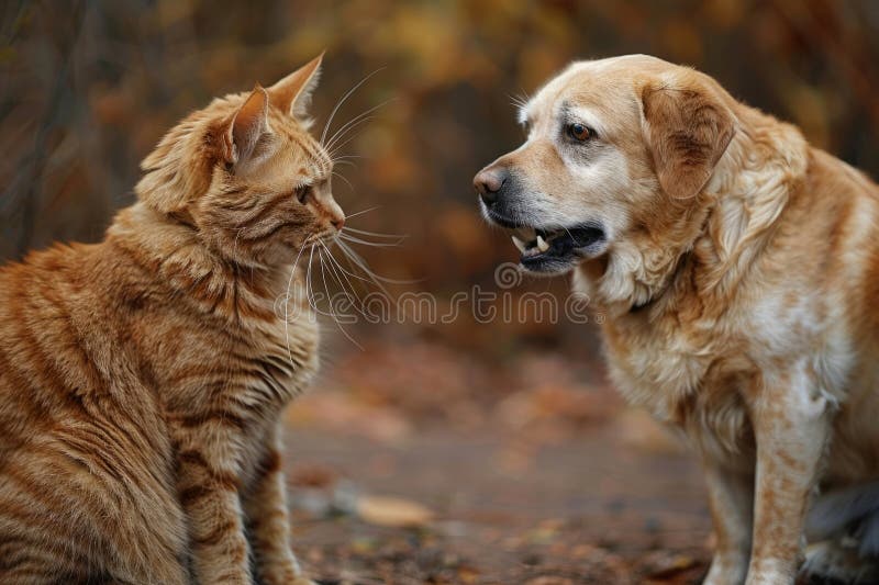 Scared cat hissing at dog stock photo. Image of afraid - 349125506