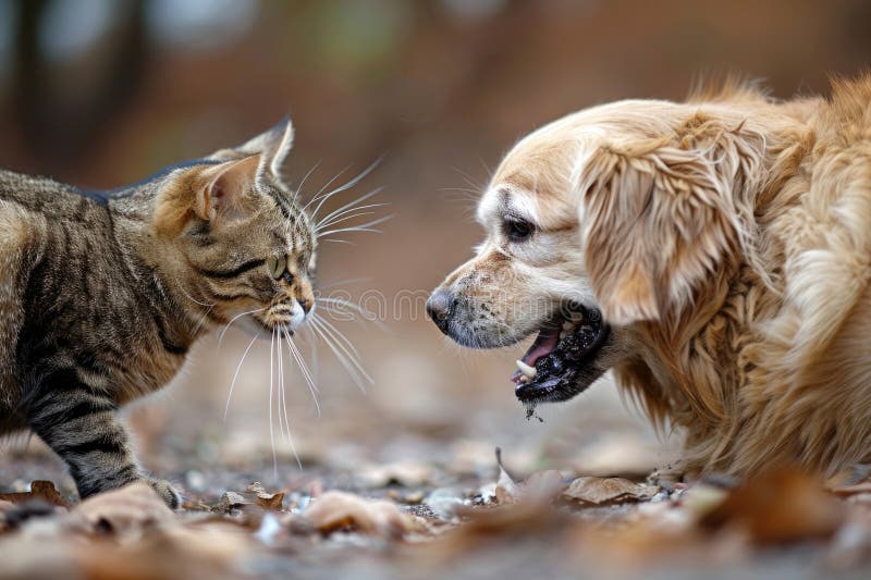 Scared cat hissing at dog stock image. Image of feline - 349125531