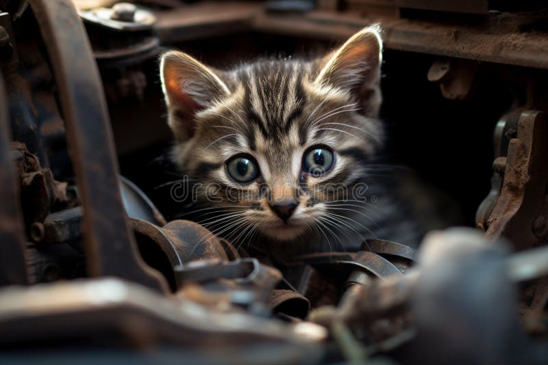 Scared Cat Kitten Hiding Inside Car Engine Stock Photo - Image of ...