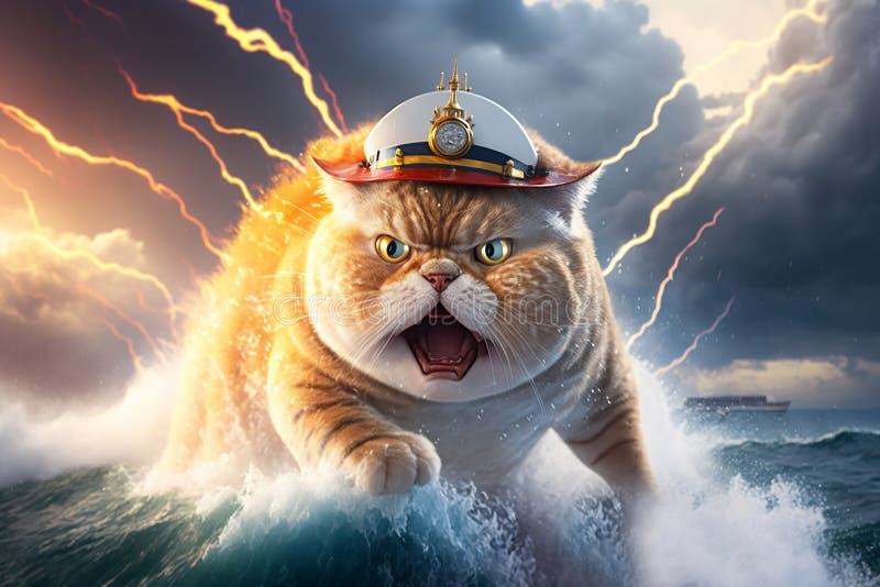 A Scared Cat Wearing a Sea Captain S Hat is Running Away from a Sinking ...