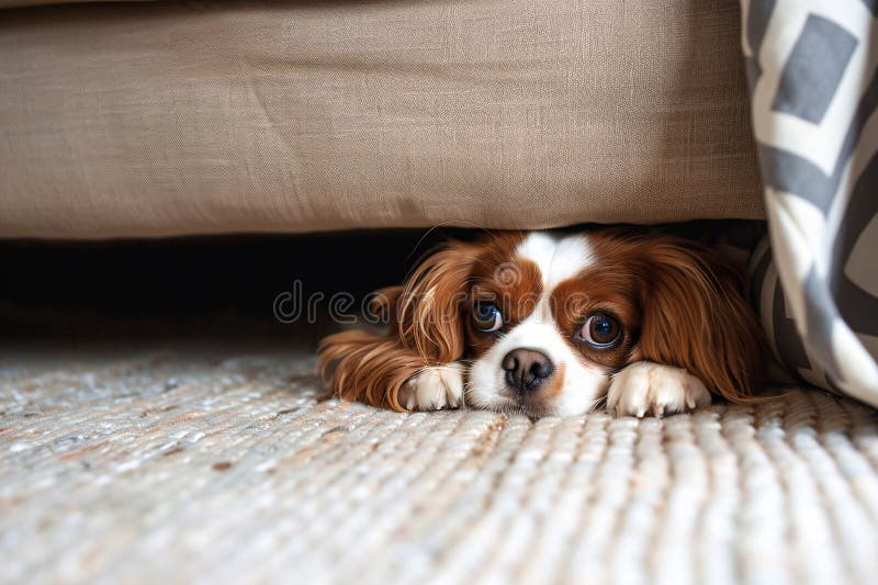 Scared Cavalier King Charles Spaniel Dog Sitting Under Coach Stock ...